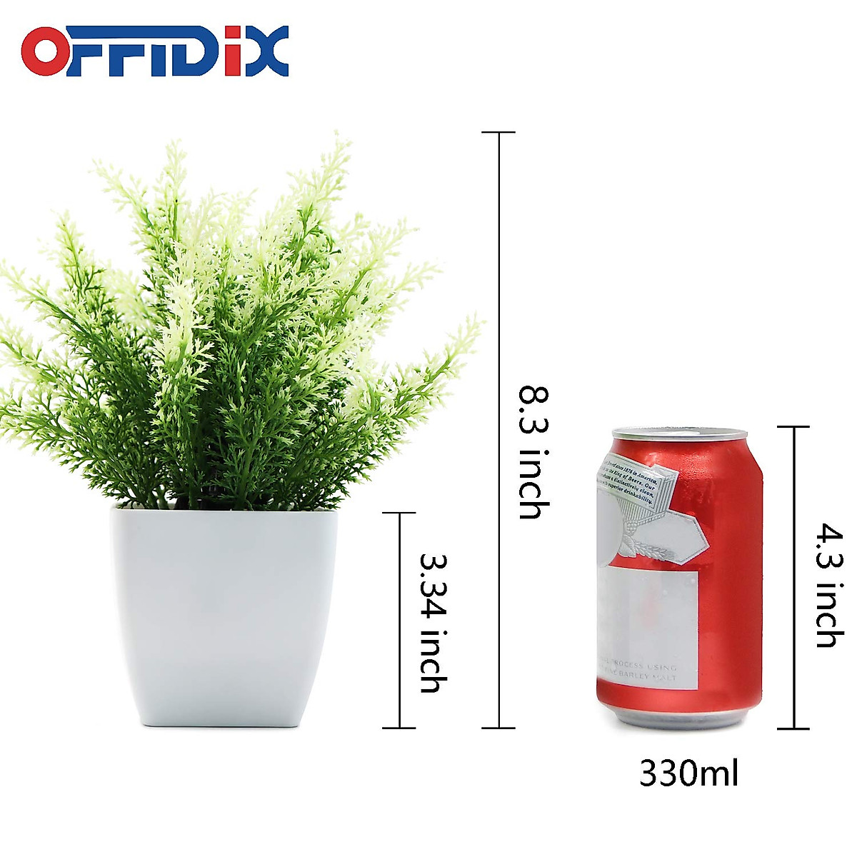 OFFIDIX Plastic Fake Green Plant, Faux House Plants Desk Plant Artificial Plants with White Square Vase for Farmhouse,Home,Garden,Office,Patio,Wedding and Indoor Outdoor Decoration 1pc