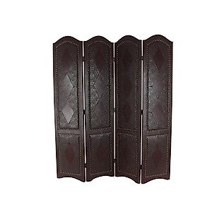 Deco 79 Faux Leather Scroll Partition Room Divider Screen Hinged Foldable Partition 4 Panel Privacy Screen with Faux Leather Detailing, Room Partition 64" x 1" x 71", Brown