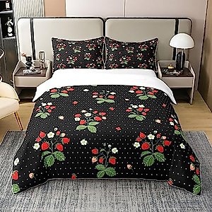 Castle Fairy 100% Cotton Red Strawberry Duvet Cover Queen Sweet Fruits Bedding Set for Boys Girls Bedroom Rustic Flowers Plant Comforter Cover White Dots Simple Style Soft Breathable Quilt Cover