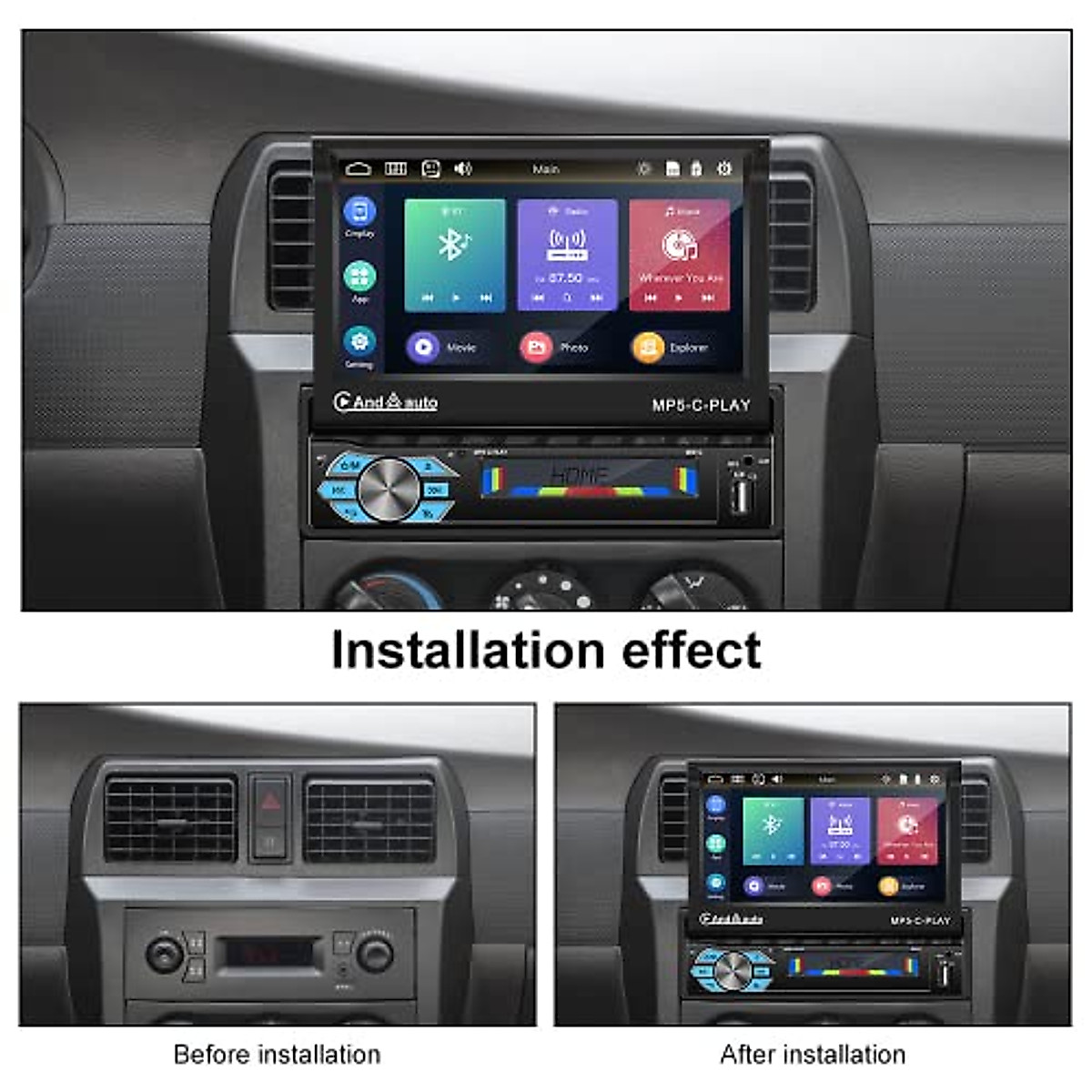 CarThree Single Din Apple Carplay Car Stereo with Bluetooth and Backup Camera, 7inch flip Out Touch Screen Car Radio MP5 Player Support Android Auto,Subwoofer Mirror Link,USB,TF,FM,Aux-in,SWC