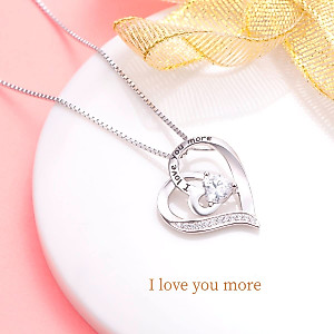 FLYOW I Love You More Heart Necklace for Women Sterling Silver CZ Pendant 18 Inch, Best Valentine's Day Jewelry Gifts (I Love You More)