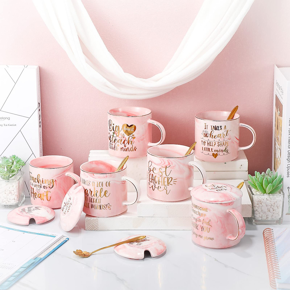 Irenare Set of 6 Teachers Gifts 11.5 oz Pink Teacher Appreciation Mug Marble Ceramic Teacher Coffee Mug Best Teacher Gifts for Daycare Teachers Birthday Women Gifts with Lid and Spoon