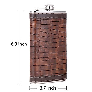 TOX TANEAXON 12 oz Crocodile Leather Pattern Pocket Whiskey Liquor PU Leather Wrapped Flask with Funnel and Premium Box - Stainless steel and Leak Proof