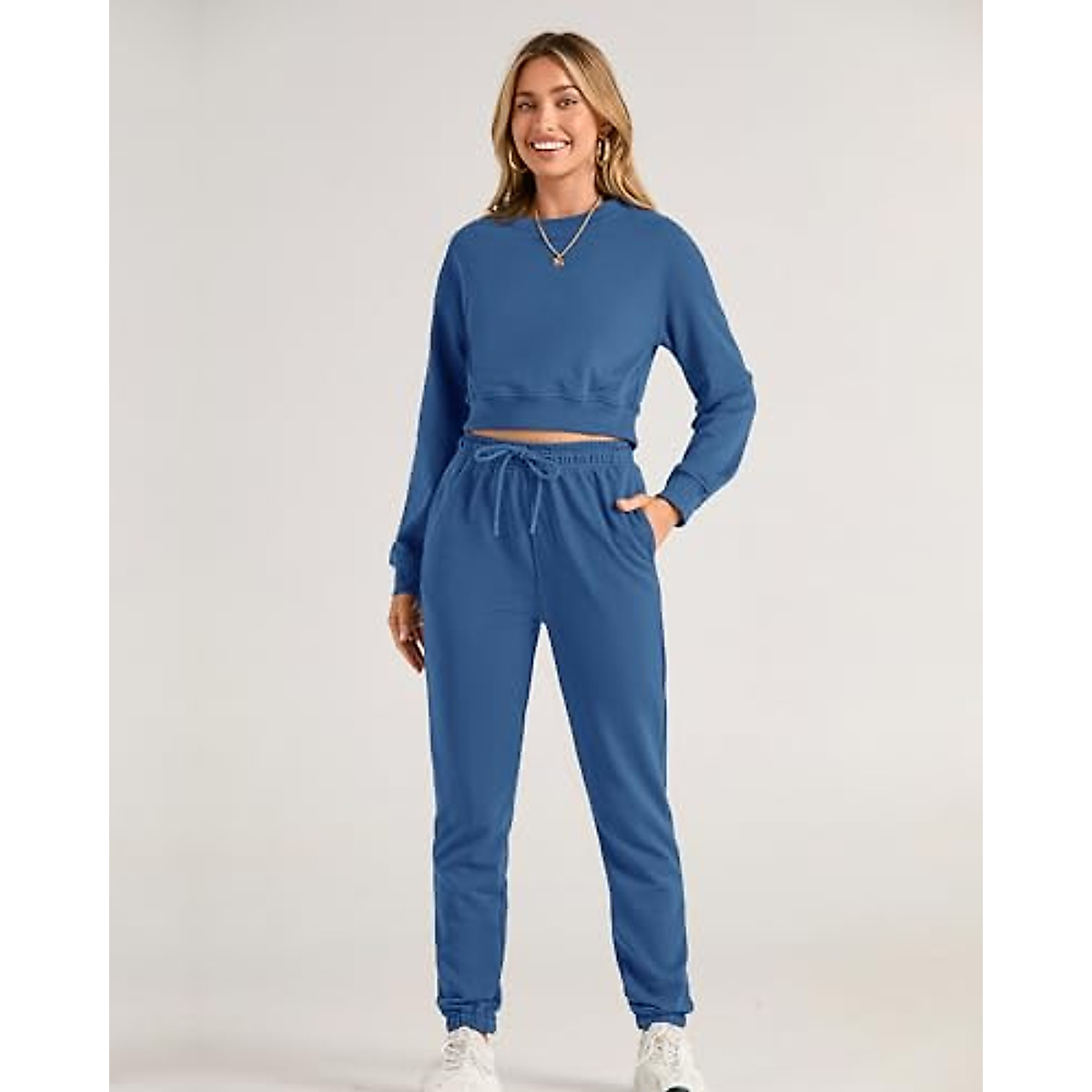 BTFBM Women 2 Piece Outfits 2023 Long Sleeve Crop Tops Tracksuit Drawstring Pant Jogger Set Casual Sweatsuits Pullover(Solid Lake Blue, Medium)