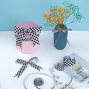 Kuscul 3 Rolls White Checkered Printed Ribbon Black Grosgrain Ribbon Racing Car Theme Checkered Ribbon Gingham Buffalo Plaid Wrapping Ribbon for DIY Crafts Wreath Gift Wrapping, 15 Yard