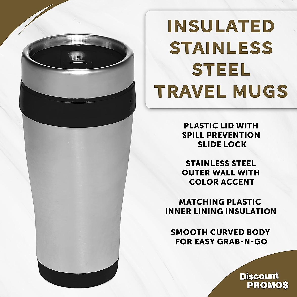DISCOUNT PROMOS Insulated Stainless Steel Travel Mugs 16 oz. Set of 10, Bulk Pack - Perfect for Coffee, Soda, Other Hot & Cold Beverages - Black