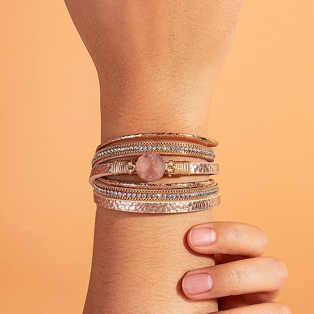 FANCY SHINY Boho Wrap Bracelets Leather Cuff Bracelet Bohemian Jewelry Resin Stone Multi Strand Bracelet with Clasp for Women(Rose Gold)