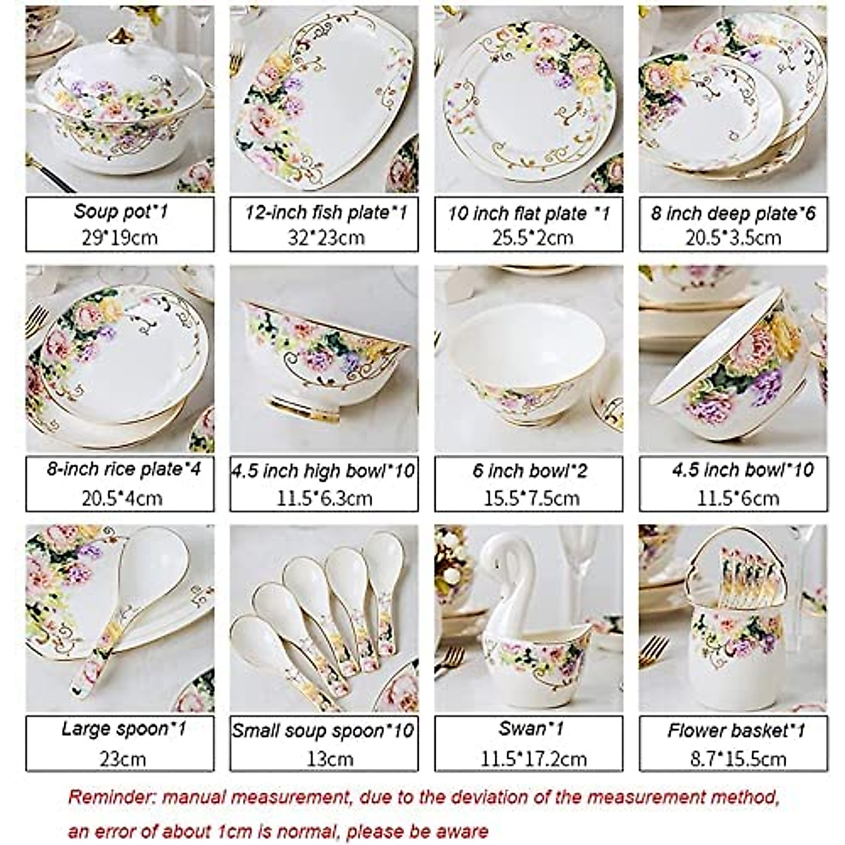 Porcelain Dinner Set Luxury Ceramic Dinnerware Set, Phnom Penh Plates and Bowl Dishes Set, Flowers Underglaze Dinner Sets for Family Party, Service for 6-8