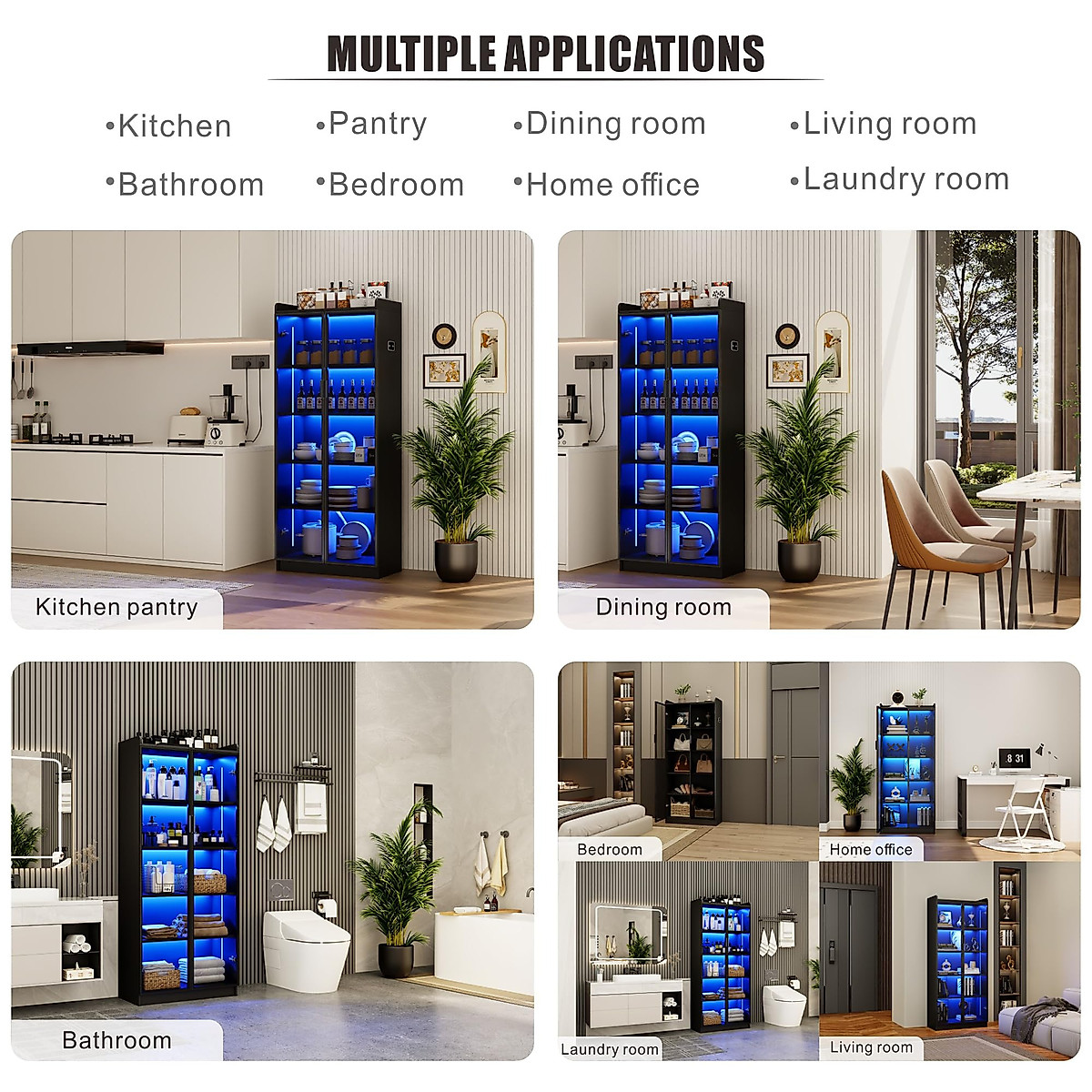 Display Cabinet with Doors and Adjustable Shelves, 65" Tall Bookcase with LED Lights/Human Sensor, 5 Tier Display Case for Collectibles Bedroom Living Room Office, Black - Smoked Black Door