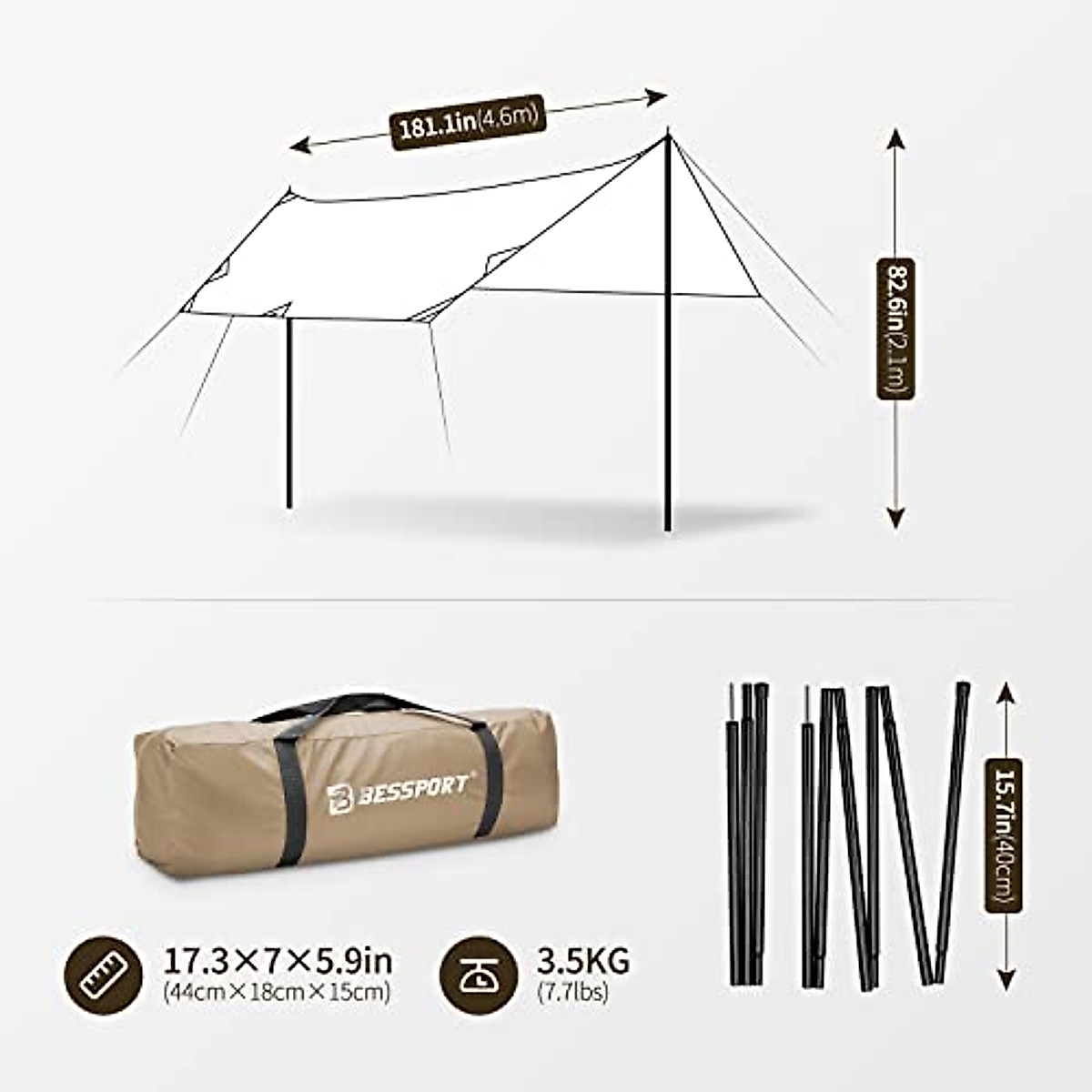 Bessport Camping Tarp, 16×9.8FT Tarp with 2 Poles, Lightweight Car Awning Sunshade, Portable Multifunctional Backpacking Tarp, PU 3000mm Waterproof Rain Fly Hammock Tarp for Outdoor,Traveling, Hilking