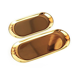 MEOLY Serving Tray Ellipse Tray Stainless Steel Summit Serving Tray Storage Disk Fruit Tray Jewellery Tray Organizer, 2pcs Pack (Gold)