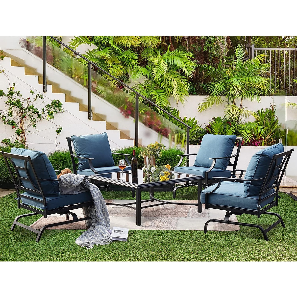 Grand patio 5PCS Conversation Sets Outdoor Dining Set 4 Rocking Motion Patio Chairs with Gray Water-Resistant Olefin Cushions & 1 Tempered Glass Table for Garden Lawn & Poolside (Peacock Blue)