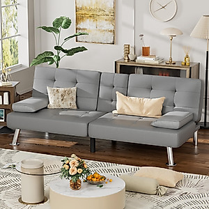 JUMMICO Faux Leather Futon Sofa Bed Futon Couch with Removable Armrests Adjustable Sleeper Sofa Bed with 2 Cup Holders for Living Room (PU Leather, Grey)