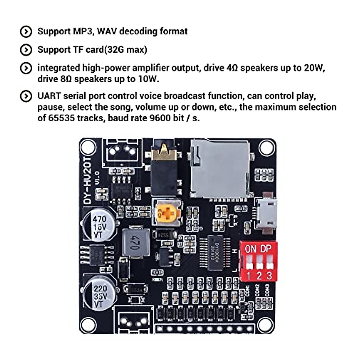 20W Voice Playback Module, PEMENOL DC 6-35V Sound Board USB Downloadable Music Player 24-bit DAC Output MP3 WAV Support TF Card 32GB Max for Broadcast Device DIY Valentine's Day Gift