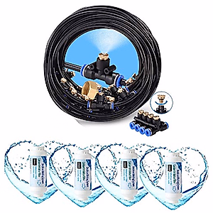 H&G lifestyles Misters for Patio Misting System 75.46FT (23M) + 4 PCS Calcium Inhibitor Filter Reduce Hard Water Spots Misting Line 25 Brass Mist Nozzles Brass Adapter for Patio Garden Umbrellas