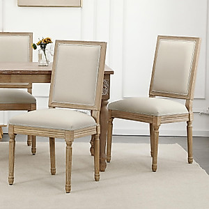 Farmhouse Dining Chairs Set of 2 French Country Kitchen Chairs with Rectangular Back and Solid Wood Legs, Upholstered Rectangular Side Chairs for Dining Room Living Room Kitche (Beige)