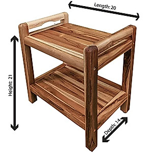 DecoTeak Earthy Teak Shower Stool Eleganto Natural Wood Seat Shower Bench with Storage Shelf and LiftAide Arms for Indoors and Outdoors - 14 inches Wide