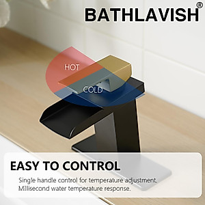 BATHLAVISH Black and Gold Bathroom Sink Faucet Waterfall Modern Single Hole Single Handle Lavatory Vanity Sink with Pop Up Drain with Overflow