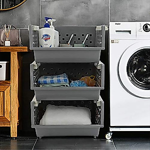 Ggbin 3-Pack Plastic Stackable Storage Bins, Gray Multi-functional Stacking Basket