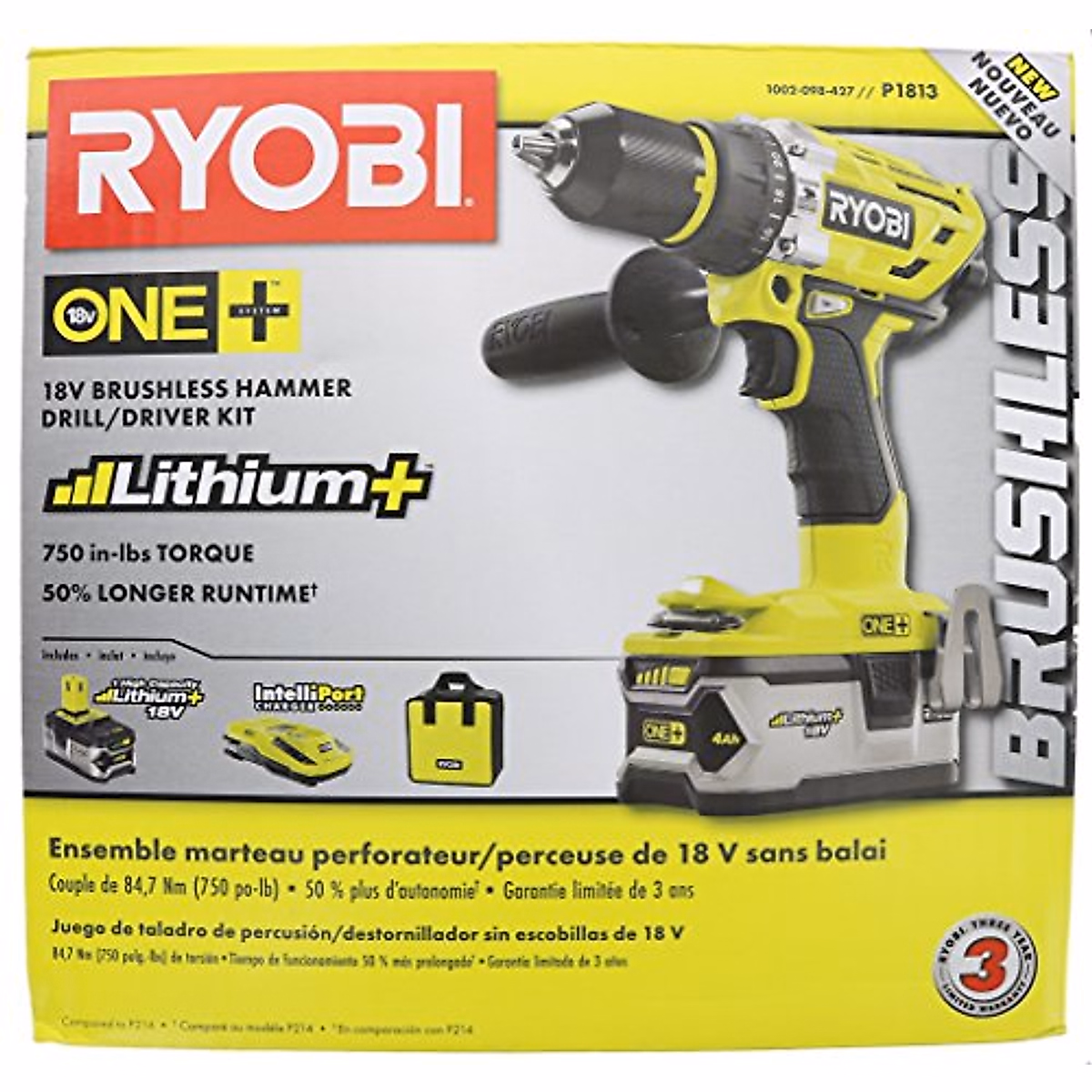 Ryobi P1813 One+ 18V Lithium Ion 750 Inch Pound Cordless Hammer Drill Power Tool Kit (Includes Battery Charger and Bag)