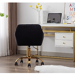 Modern Faux Fur Home Office Chair, Upholstered Swivel Chair Makeup Vanity Chair for Teen Girls Swivel Desk Chair with Gold Base, Height Adjustable Leisure Elegant Office Chair, Black