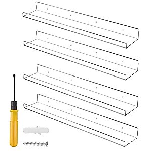 Jansburg 24 Inch Clear Floating Shelves 4 Pack Acrylic Shelves Invisible Floating Wall Ledge Bookshelf, 5MM Thick Kids Book Display Shelves Wall Mounted Bathroom Kitchen Organizer