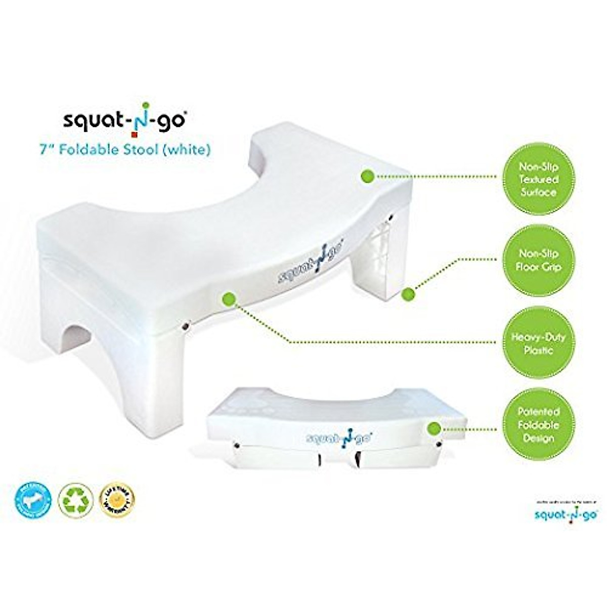 Squat N Go Folding Squatting Stool | The Only Foldable Toilet Stool | Convenient and Compact Great for Travel | Fits All Toilets, Folds for Easy Storage, Use in Any Bathroom | White Color |