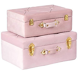 Vintiquewise Decorative Tufted Velvet Suitcase Treasure Chest Set of 2, Pink