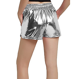 Women's Metallic Shorts Yoga Shiny Sparkly Hot Drawstring Outfit Short Pants L