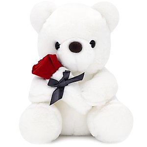 9.8'' Teddy Bear with Rose, Soft Plush Bear Doll Stuffed Animal Toys Valentines Day Decor Gifts for Her/Girlfriend Lover Mom Kids (White)