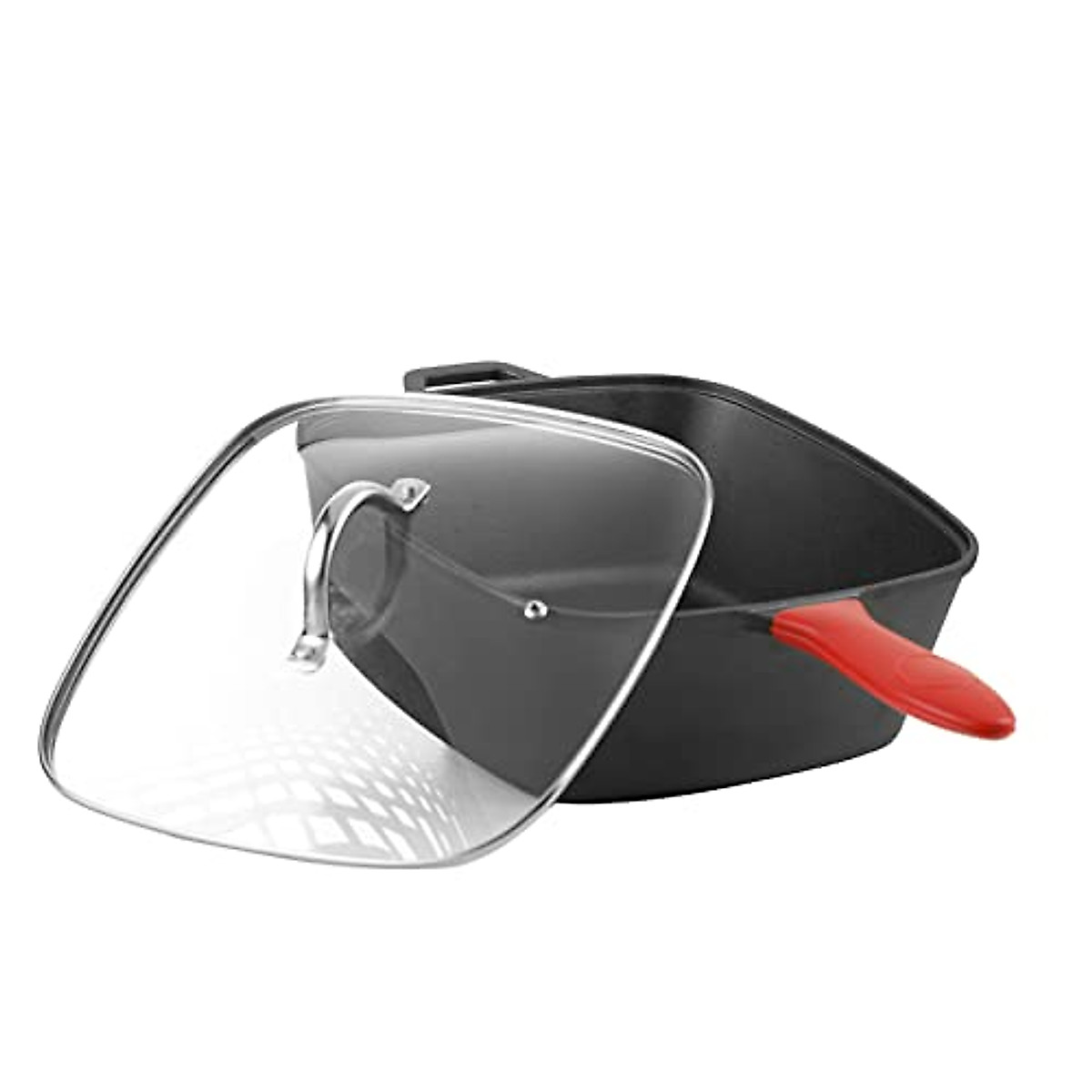 Orca pot 5in1 Cast Iron 6.5 Qt Dutch Oven Cooking Pot with Glass Lid, Cooking Pot for Baking, Frying, Steaming, Cast Iron Grill Lid, Steaming Plate & Basket