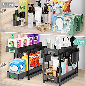 2Pack Under Sink Organizers and Storage Double Sliding,2 Tier Pull Out Cabinet Organizer Bathroom Storage Organizer with Hooks Hanging Cups Dividers,Under Sink Storage for Bathroom Kitchen Countertop