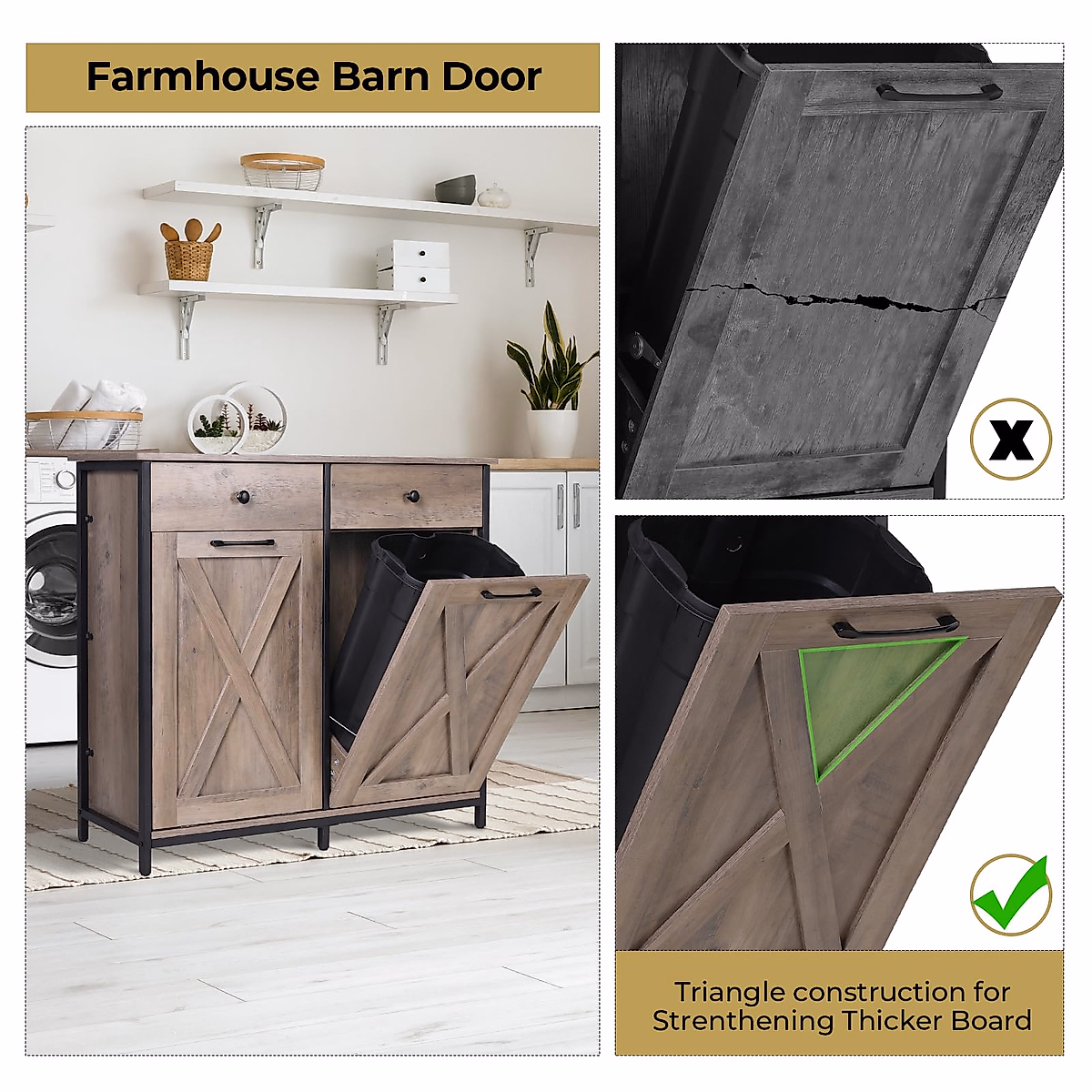 Arlopu Double Tilt Out Trash Cabinet, 20 Gallon Pet Proof Kitchen Pull Out Recycle Cabinet, Freestanding Wooden Laundry Sorter Cabinet, W/Drawer, Barn Door, for Home, Living Room, (Greige)