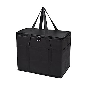 Lukery Insulated Reusable Grocery Bag with Zipper, Collapsible Cooler Bag Tote Heavy-Duty Insulated Food Pizza Delivery Bag, Shopping Bags for Groceries & Frozen Foods (16"x 9"x 13",Black)