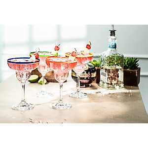 10 oz Margarita Cocktail Glasses + Colorful Party Rims | Set of 4 | Classic Frozen Drinks Stemware + Fun Cactus Gift Box | Thick Stem, Heavy Duty, Clear Hand Blown Glassware Drinking Set