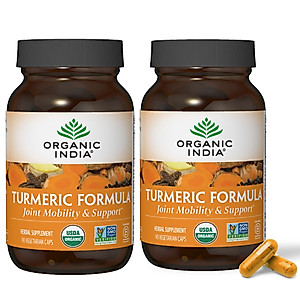 ORGANIC INDIA Turmeric Curcumin with Black Pepper - Organic Turmeric Supplement and Curcumin Supplement, Turmeric Capsules, Joint Support & Immune Support, Whole Root, Trikatu - 90 Capsules, 2 Pack