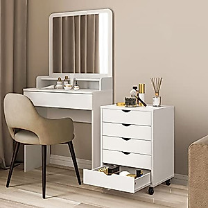 YITAHOME 5-Drawer Chest, Wood Storage Dresser Cabinet with Wheels, Dressers & Chests of Drawers, Mobile Storage Closet Organizer for Home, Office, Bedroom White