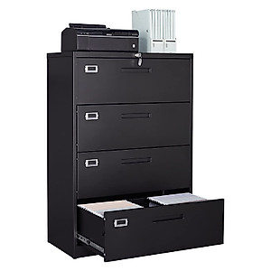 PEUKC 4 Drawer File Cabinet, Lateral Filing Cabinets for Home Office, Office Storage Drawers with Lock, Hanging Files Legal/Letter A4 Size (Assemble Required,Black)