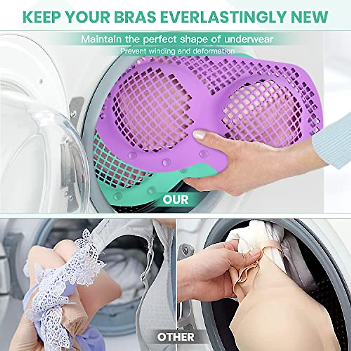 Bra Washing Bags for Laundry, LDJRCP 2PCS Silicone Delicates Bag for Washing Machine Durable Lingerie Bag for Underwear Protection Bra Fits A To C Cups, Purple&Green