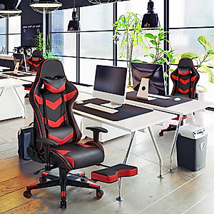 Yaheetech Computer Gaming Chair High Back Ergonomic Desk Chair Racing Style Reclining Chair PU Leather Task Chair with Footrest Headrest/Armrest/Lumbar Support/Height Adjustable