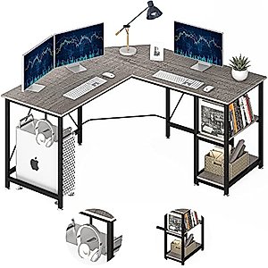 Klvied L Shaped Desk, Large Computer Desk, Office Desk with Storage Shelves, Corner Desks for Home Office, Reversible Writing Desk, Space-Saving Workstation Desk, Modern Simple Wooden Desk, Grey