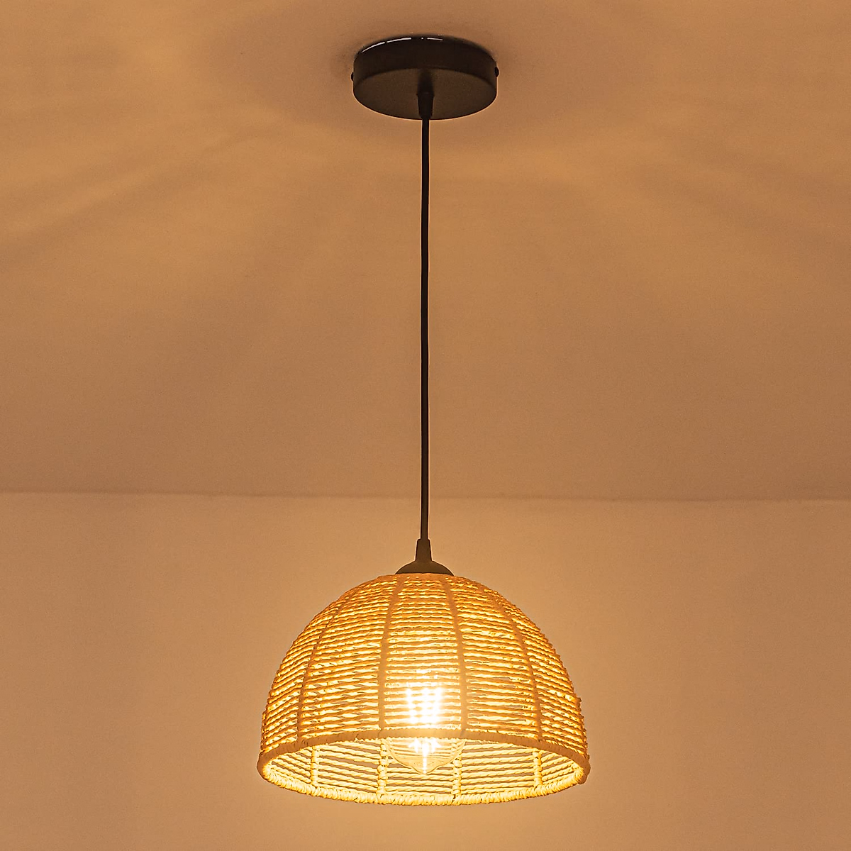 Gudicati Hand Woven Rattan Pendant Light Fixture Vintage Farmhouse 9.84" Bamboo Dome Pendant Lights Modern Retro Boho Wicker Basket Pendant Lighting for Kitchen Island, Bedroom, Dining Room, 2-Pack