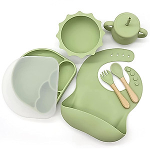 KCMI’s Baby-Led Weaning Supplies: Silicone Feeding Set with Bibs, Suction Bowl, Divided Plate, Cup, and Self-Feeding Spoons for Babies and Toddlers - [Green]