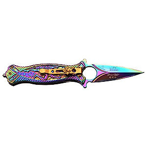 Masters Collection – Spring Assisted Open Folding Pocket Knife – Rainbow Stainless Steel Blade, Rainbow Handle w/ Sculpted Ninja, Pocket Clip, Glass Punch, EDC, Collectible, Self Defense – MC-A030RB