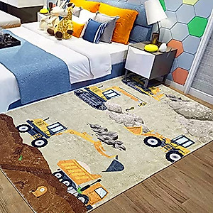 USTIDE Thick Kids Rug Play Mat 4'x6',Cartoon Construction Area Rug Excavator Digger Kids Carpet Boys Girls Bedroom Rugs Floor Carpet Playroom Rug Nonslip Crawling Mat Plush Nursery Rug
