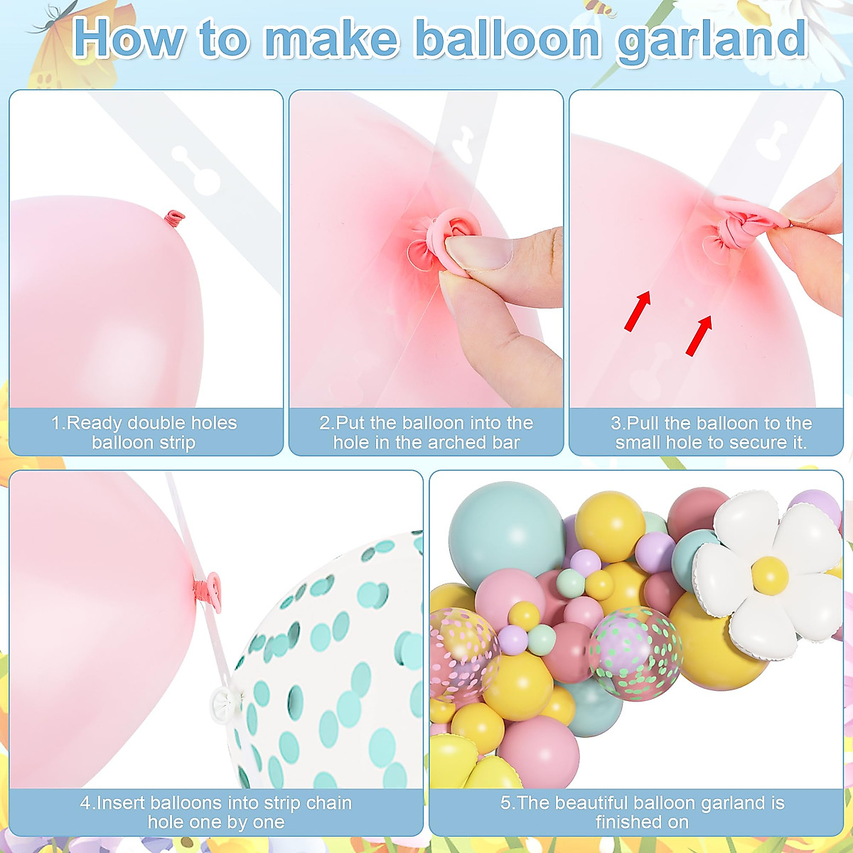 Amandir 162Pcs Daisy Balloon Garland Arch Kit, White Groovy Flower Pastel Balloon Arch Pink Yellow Blue Green Purple Balloons Daisy Banner for Birthday Baby Shower Bridal Wedding