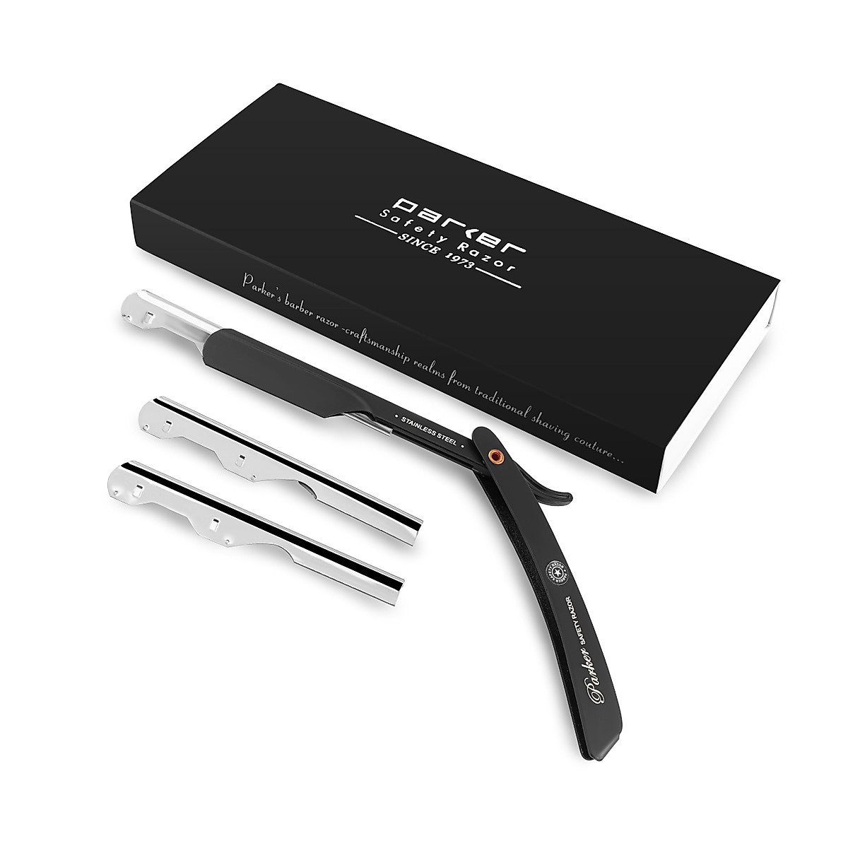 Parker ADJUSTABLE Stainless Steel Black Handle Straight Barber Razor - Customize your Shave with 3 Different Blade Inserts - 5 Parker Razor Blades Included