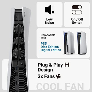 TNP Cooling Fan for PS5 - External High-Speed Silent Docking and Cooling Station for PS5 Console with Cool Blue LED Light, Built-In 3 Fans, and Extra USB Port for PlayStation 5 Controller Accessories