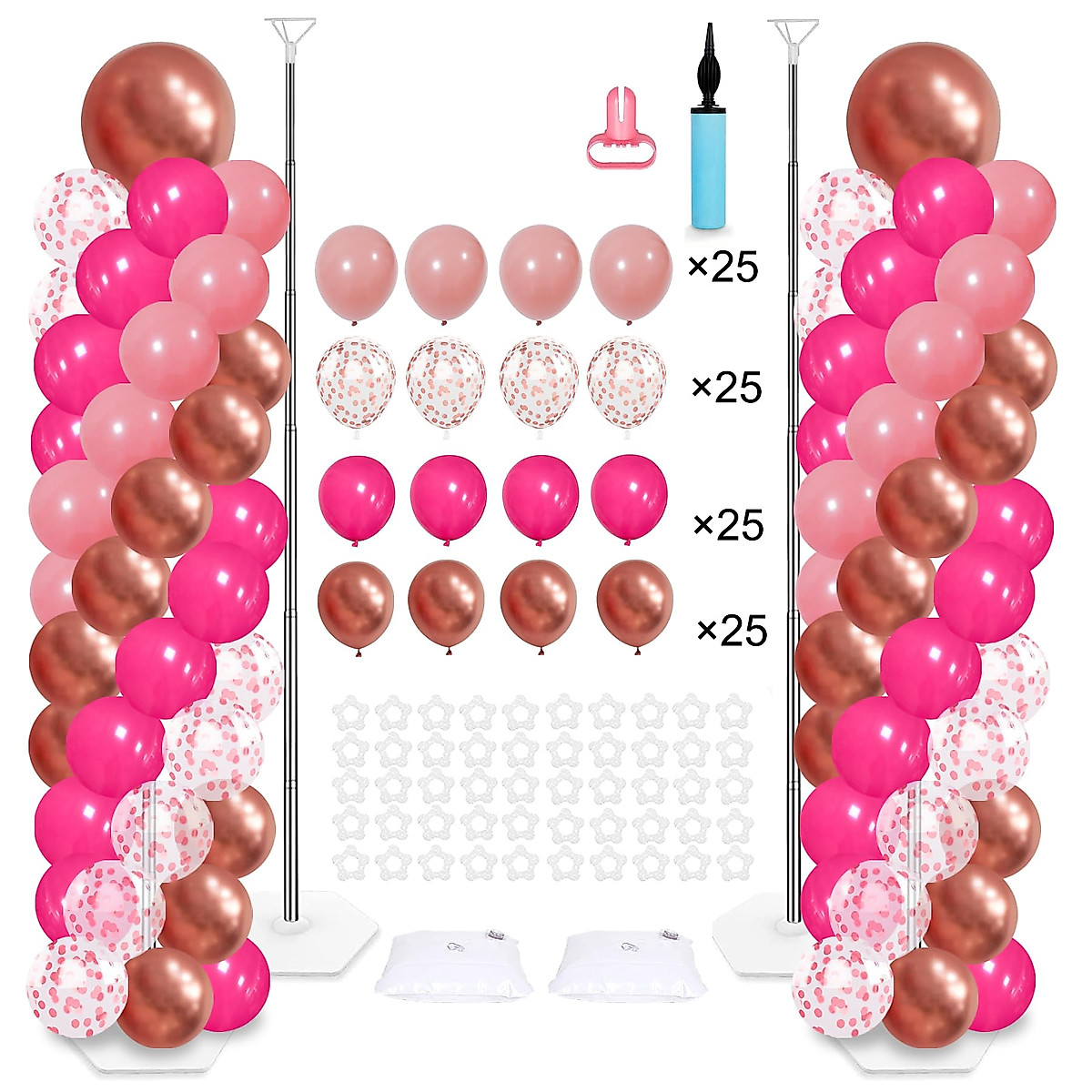 2 Sets Balloon Column Stand Kit with 100 Balloons 6 Ft Adjustable Balloon Stands Kit for Floor Metallic Rose Red Balloon Arch Column for Wedding Bridal Shower Valentine's Day Decorations