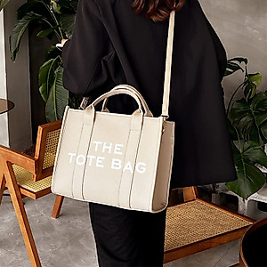 NEGBIU The Tote Bag for Women, PU Leather Tote Bag, Shoulder, Crossbody, or Handheld Bag for School, Office, Travel (10.6X13X6.3in) (Beige)